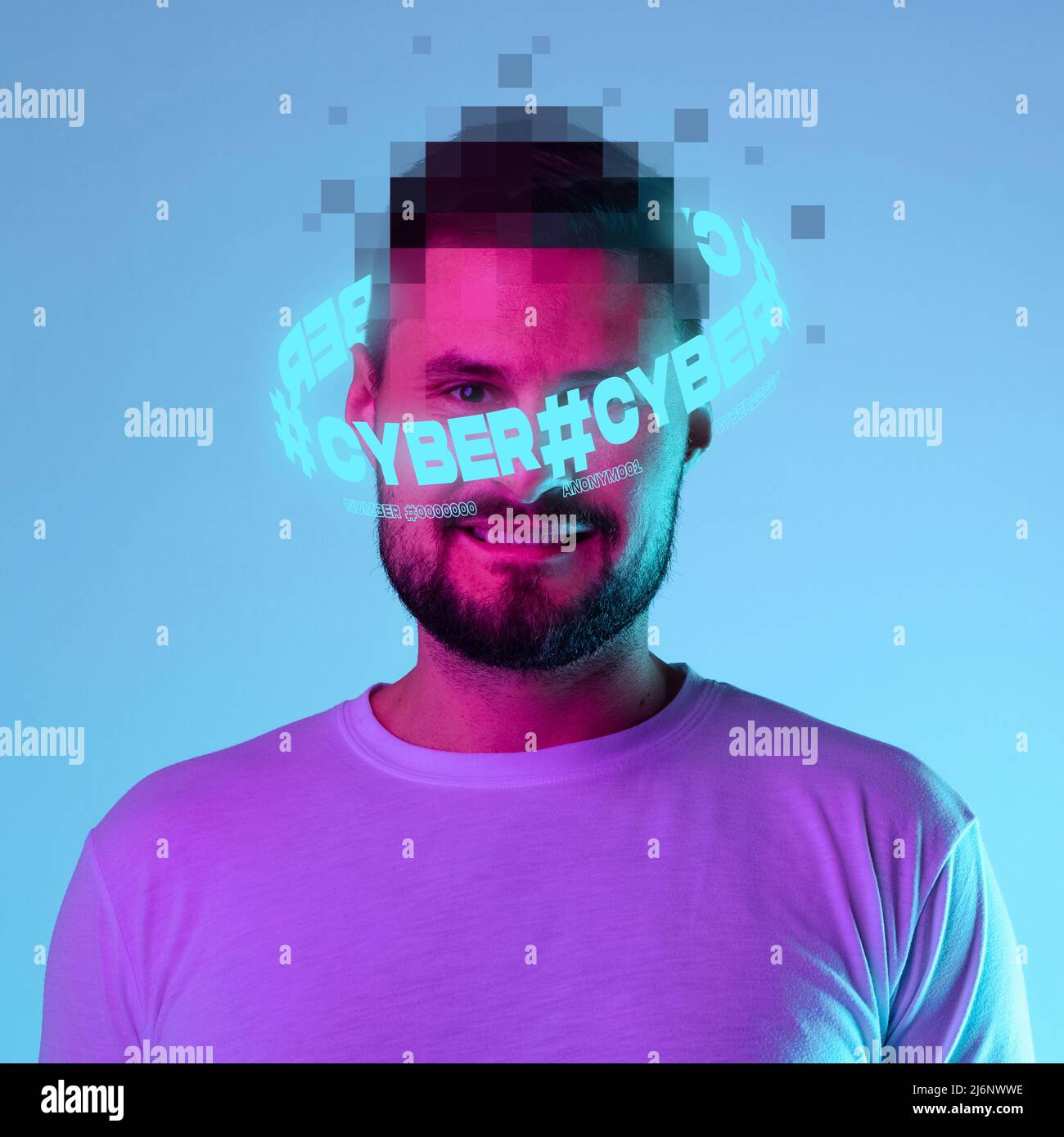 Contemporay artwork. Young man with pixel head elements and neon ...