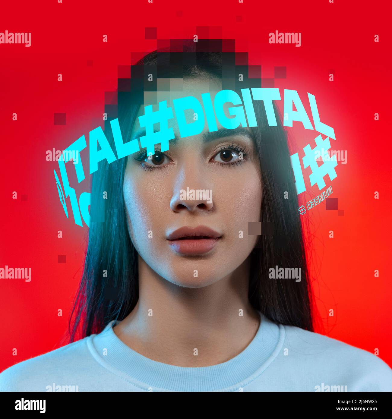 Contemporay artwork. Young beautiful girl with neon lettering around ...