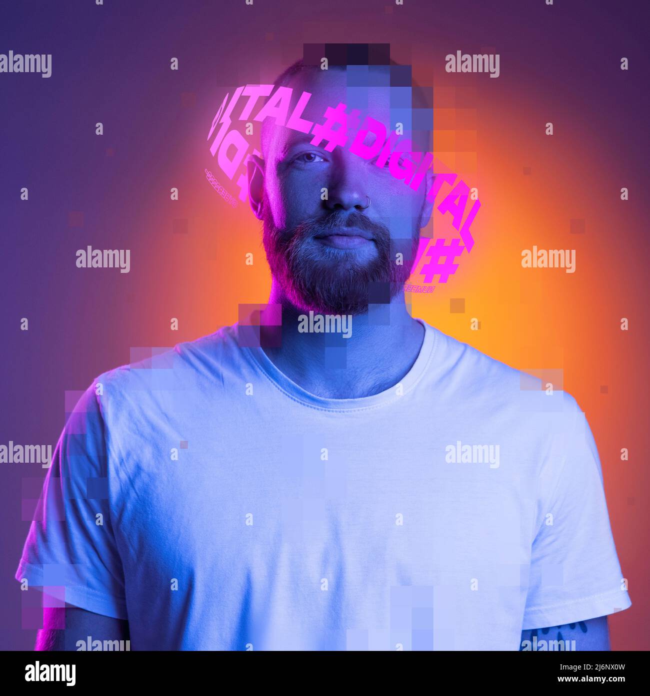 Contemporay artwork. Young man with neon lettering around head posing ...
