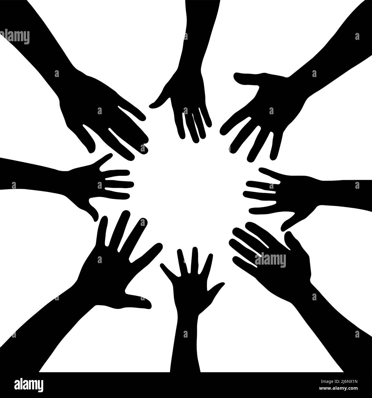 Group of people gathering hands vector silhouette, top view hand ...