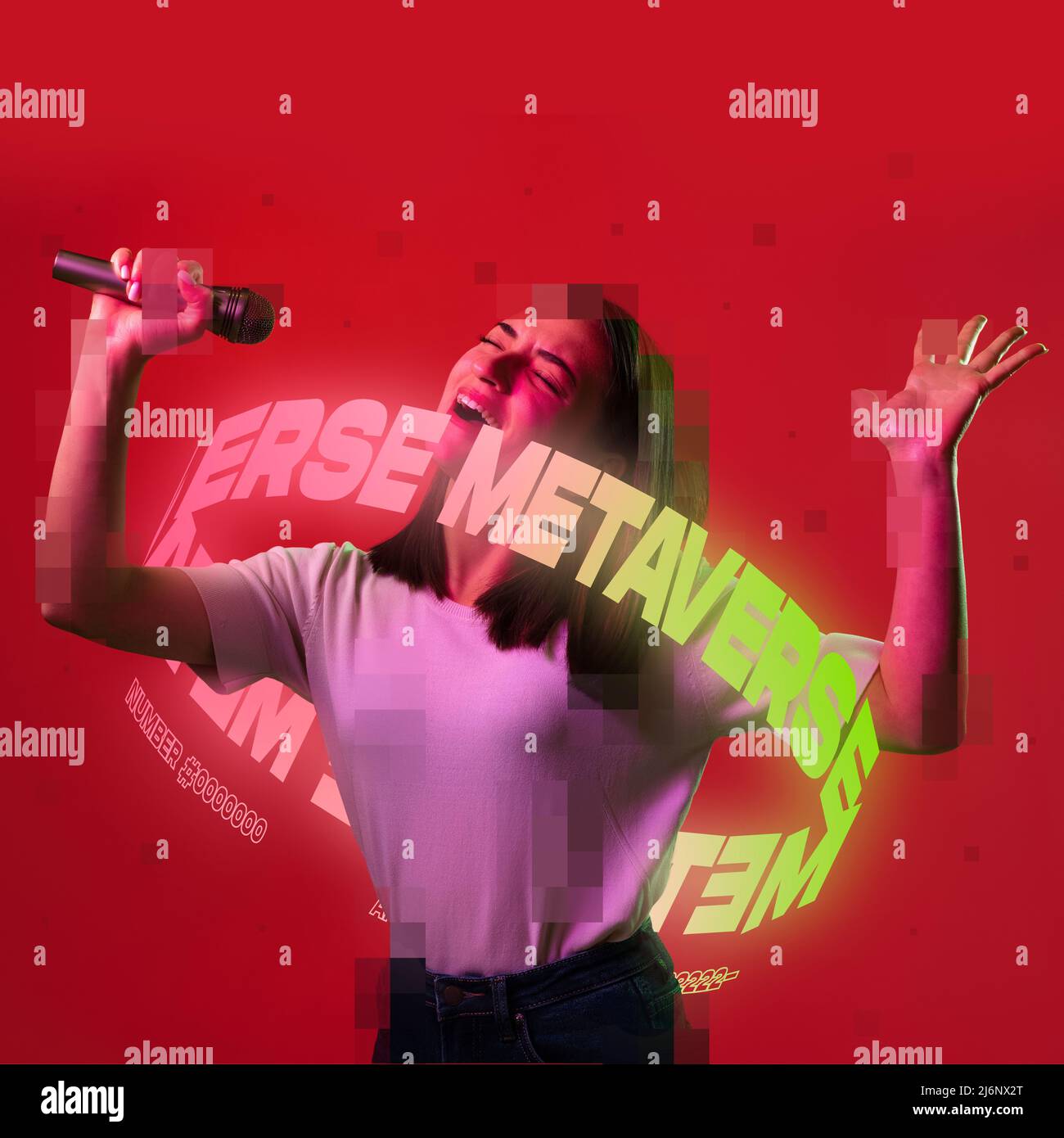 Contemporay artwork. Young emotive woman with neon lettering around ...