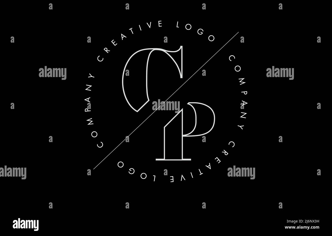 White Outline CP C P Letter Logo with Cut and Intersected Design. Round ...