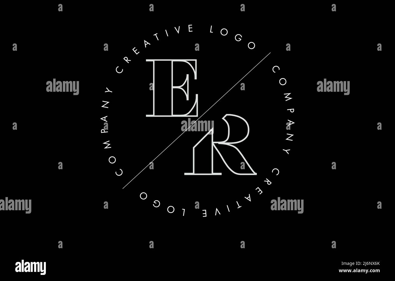 White Outline ER E R Letter Logo with Cut and Intersected Design. Round ...