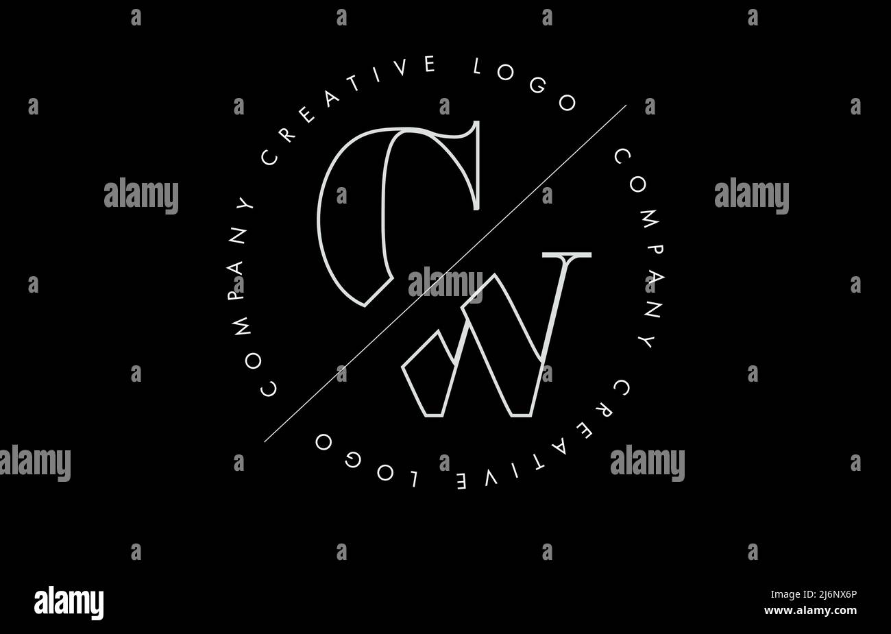 White Outline CW C W Letter Logo with Cut and Intersected Design. Round ...