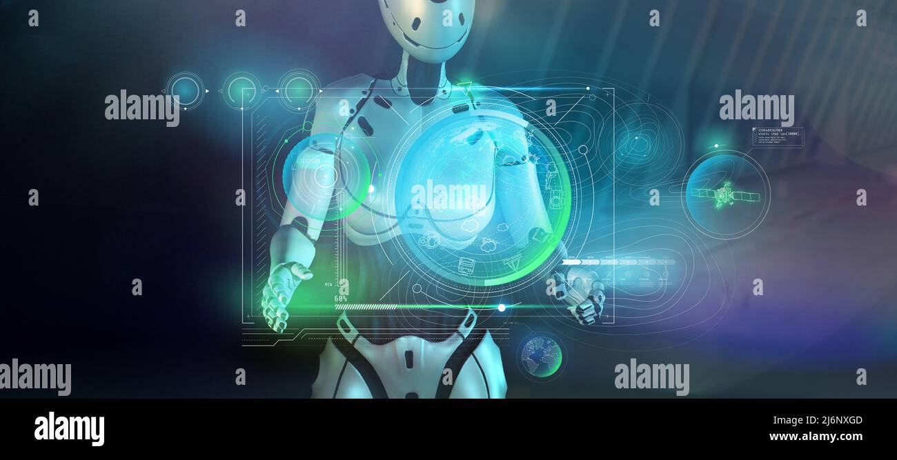 Robot and virtual panel with Earth data. 3D render Stock Photo - Alamy