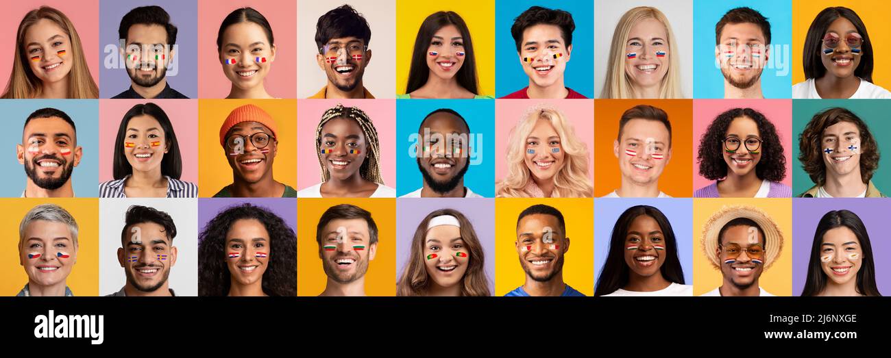 Set of smiling people with painted flags Stock Photo - Alamy
