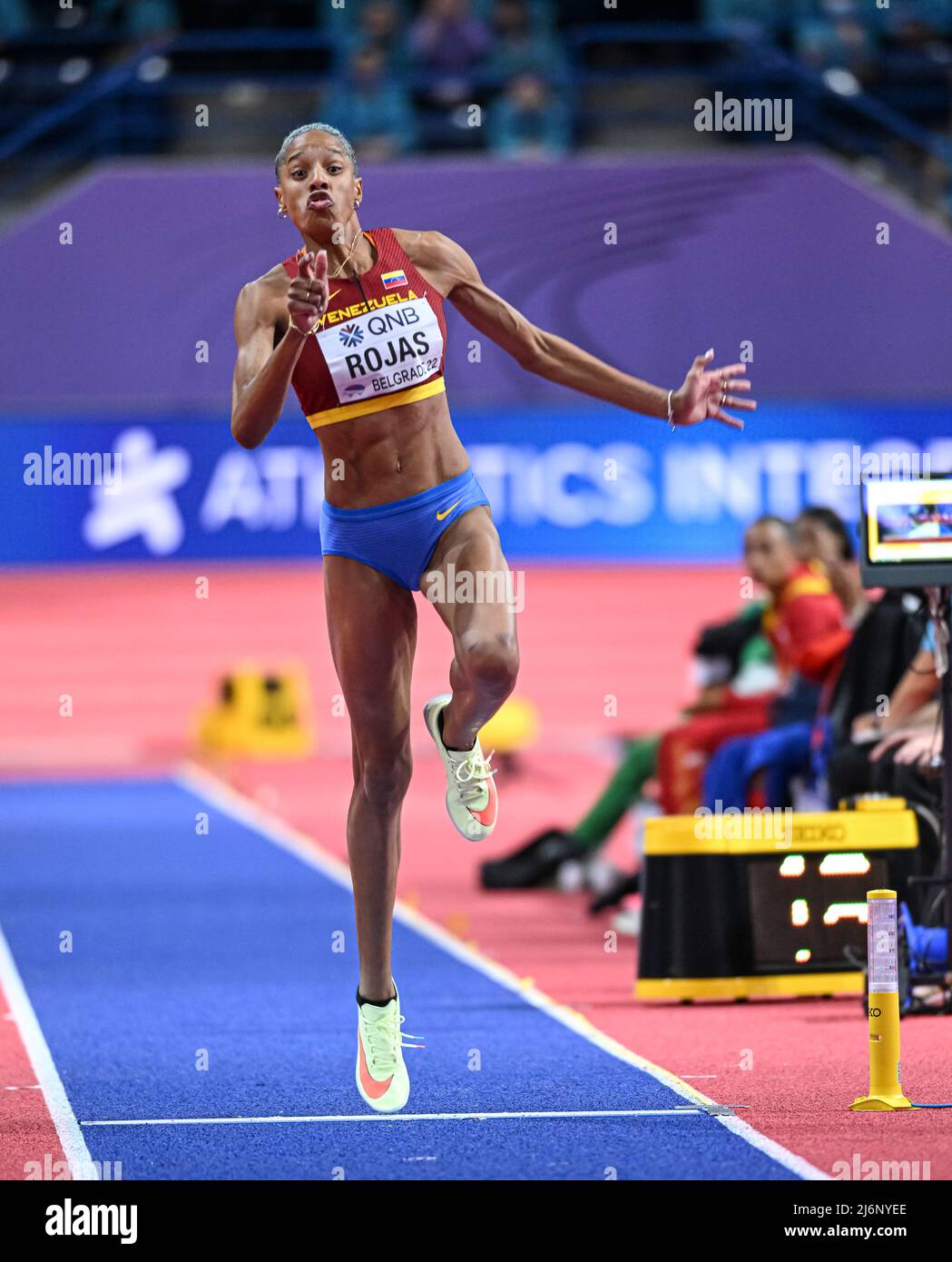 Yulimar Rojas jumping at the Belgrade 2022 Indoor World Championship in ...