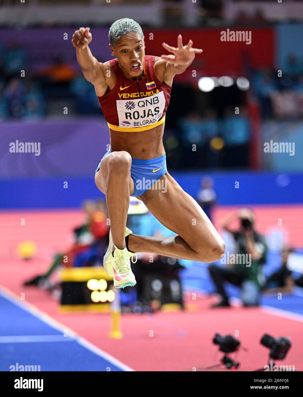 Yulimar Rojas jumping at the Belgrade 2022 Indoor World Championship in ...