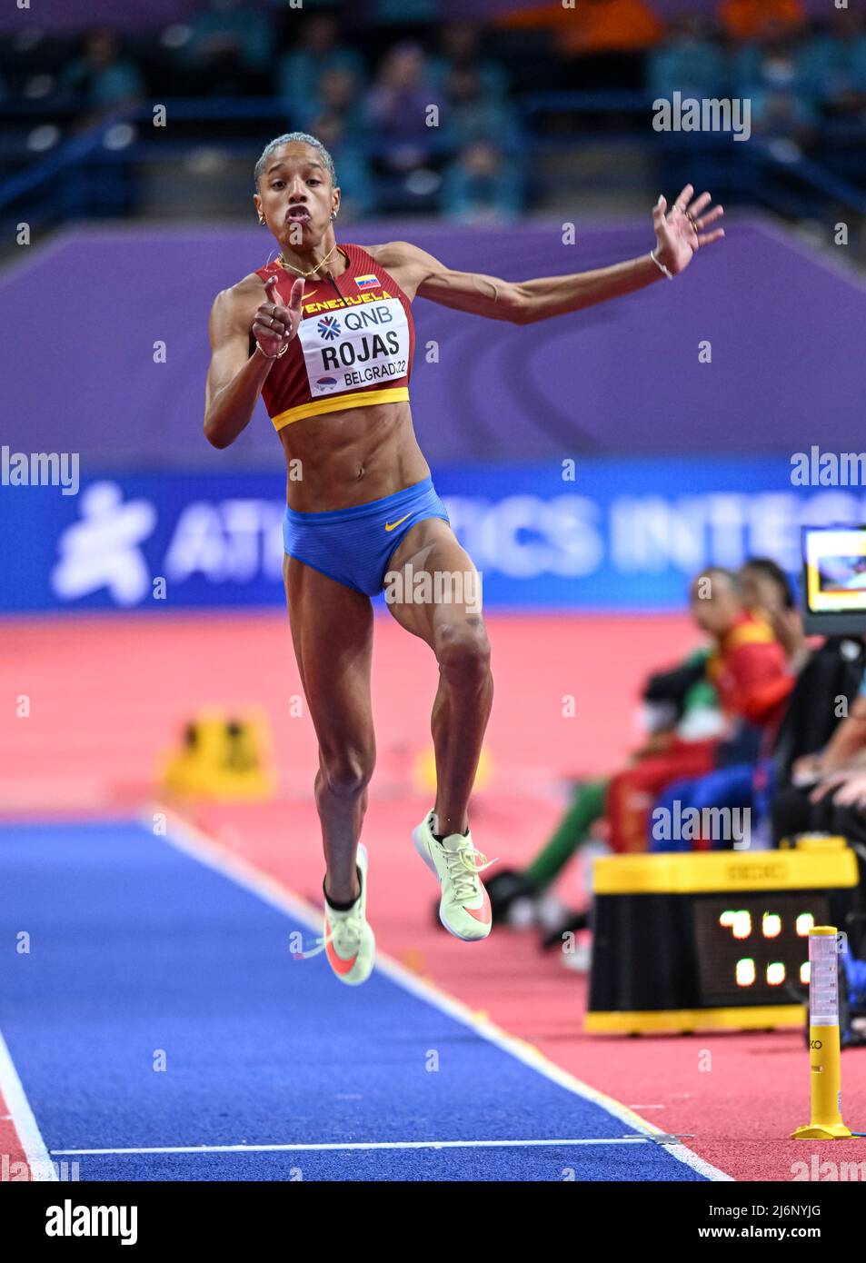 Yulimar Rojas jumping at the Belgrade 2022 Indoor World Championship in ...