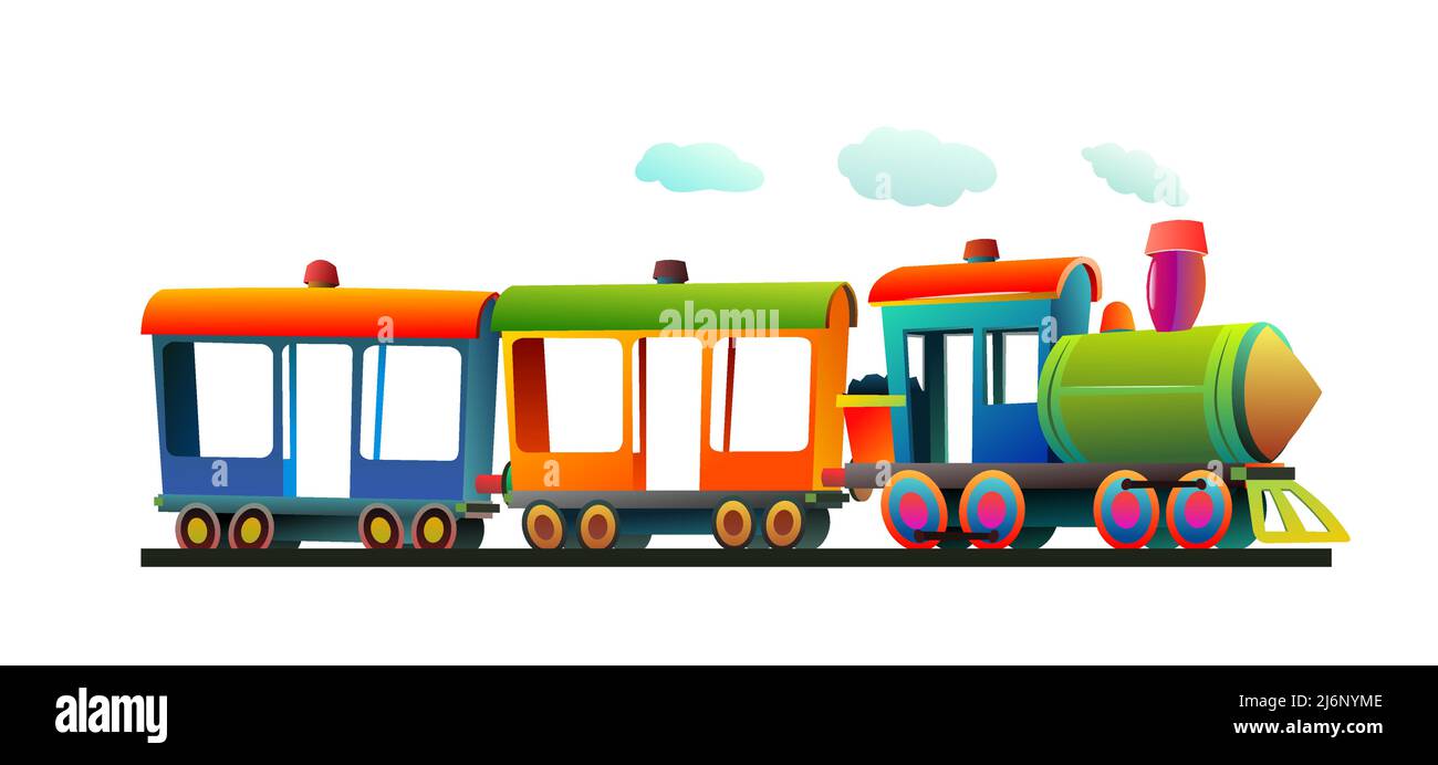Locomotive rides on railroad. Multicolored wagons. Cartoon style ...