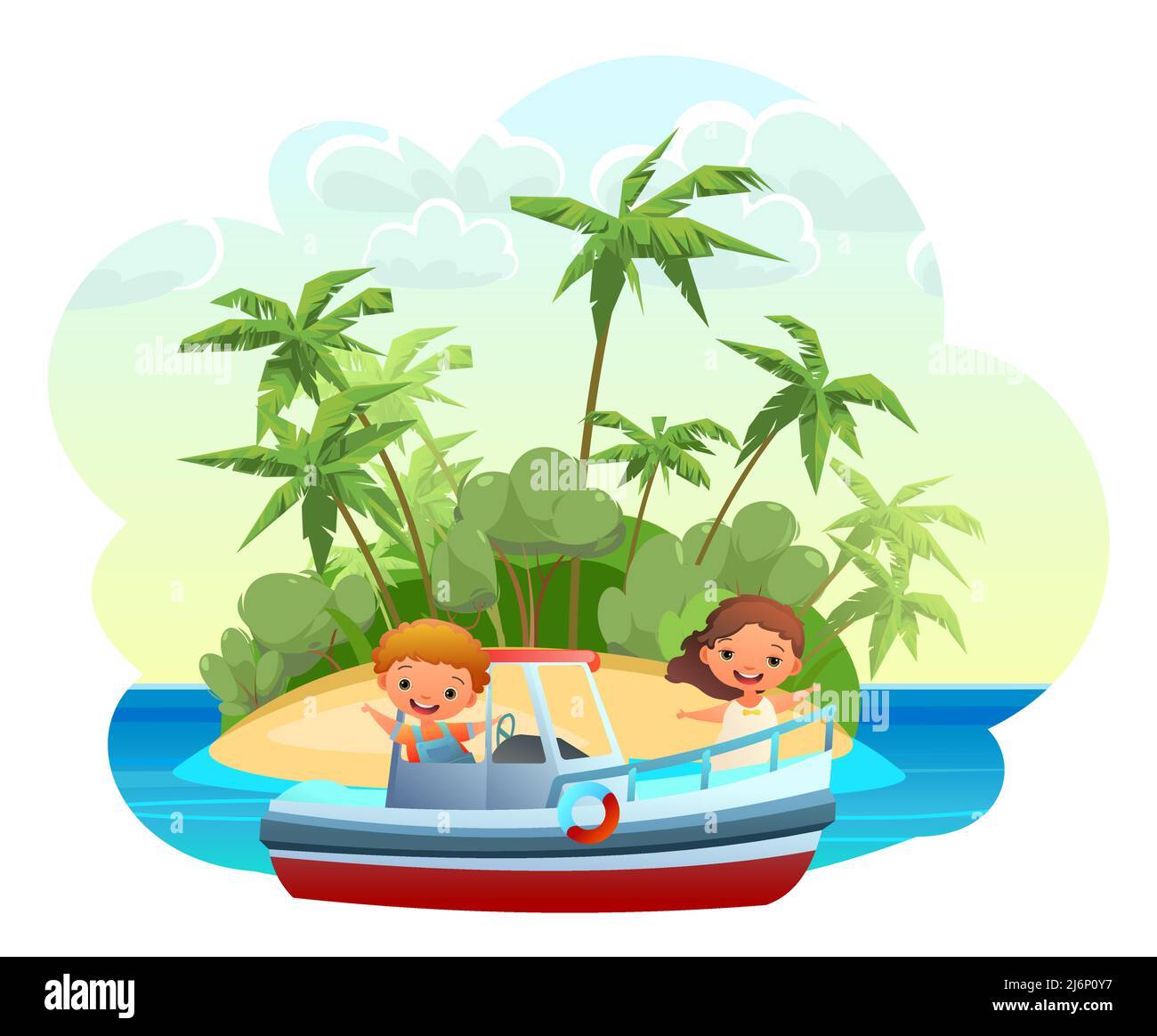 Boat ship. Seascape landscape. Boy kid little captain. Tropical island ...