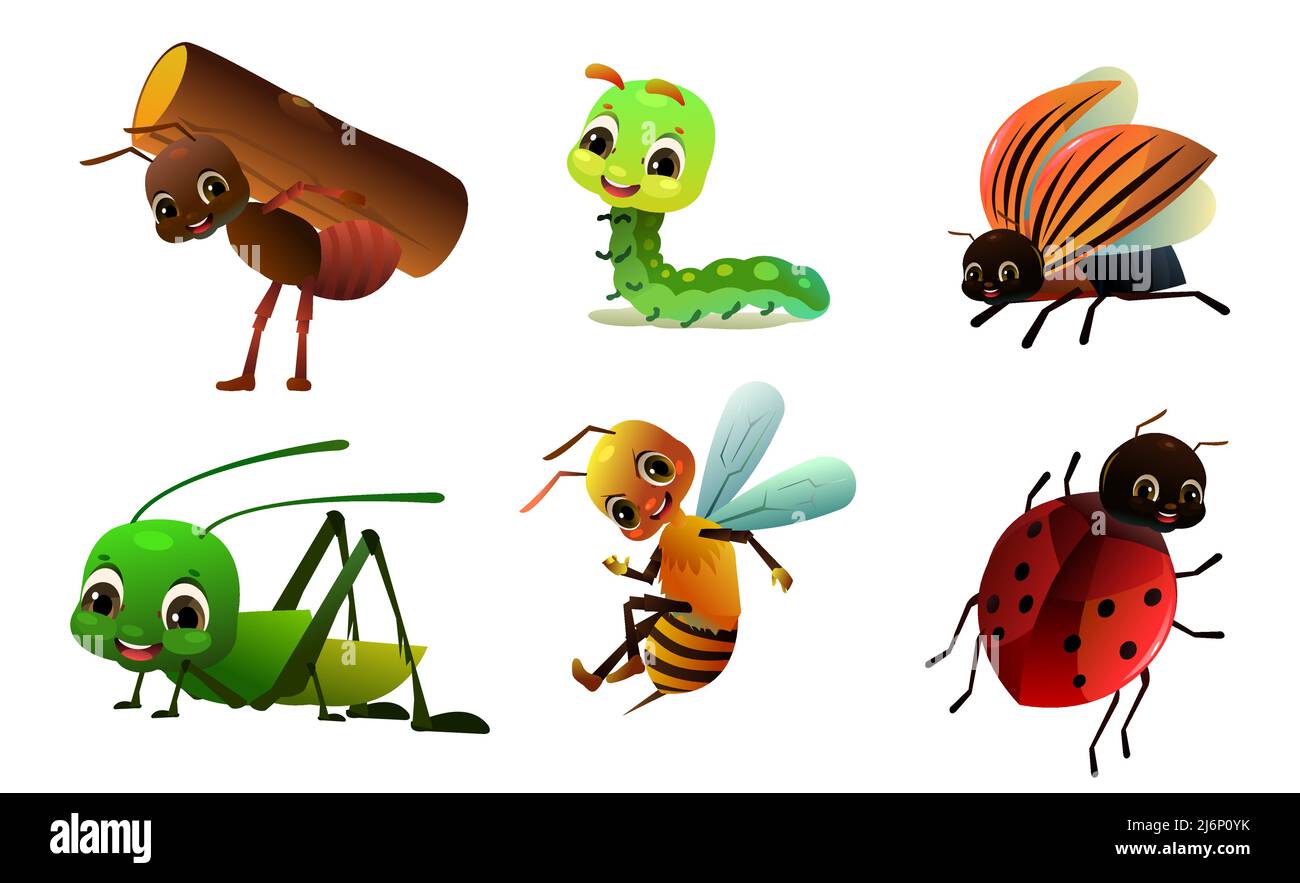 Set of insects persons. Wildlife object. Ant, ladybug and caterpillar ...