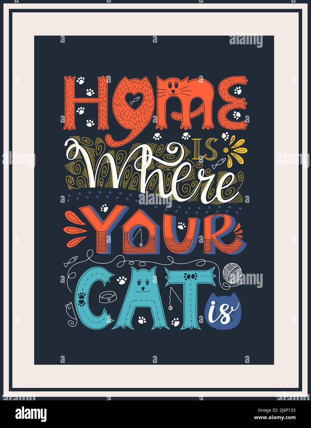 Poster with a frame. Hand lettering. Words Home is where your cat is ...