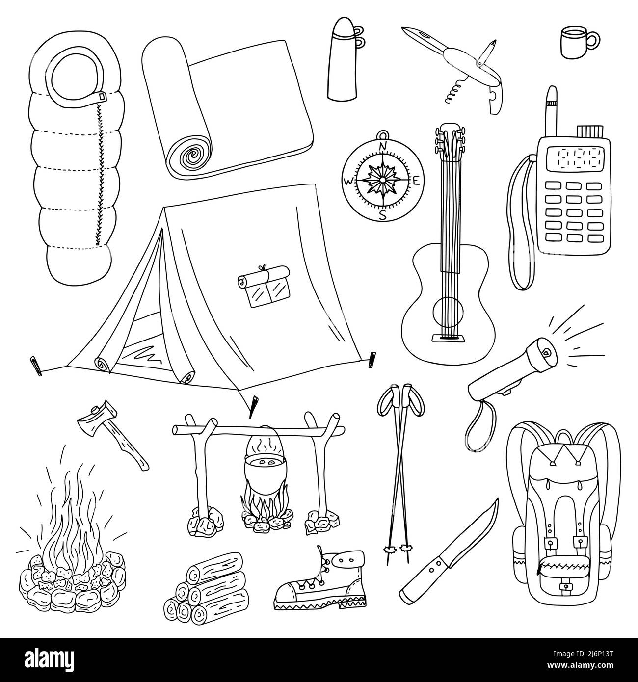 Set of elements on the theme of camping and tourism. Doodle style ...