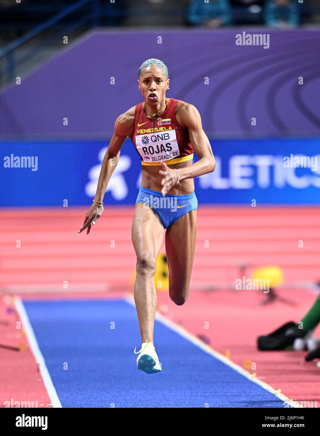 Yulimar Rojas jumping at the Belgrade 2022 Indoor World Championship in ...
