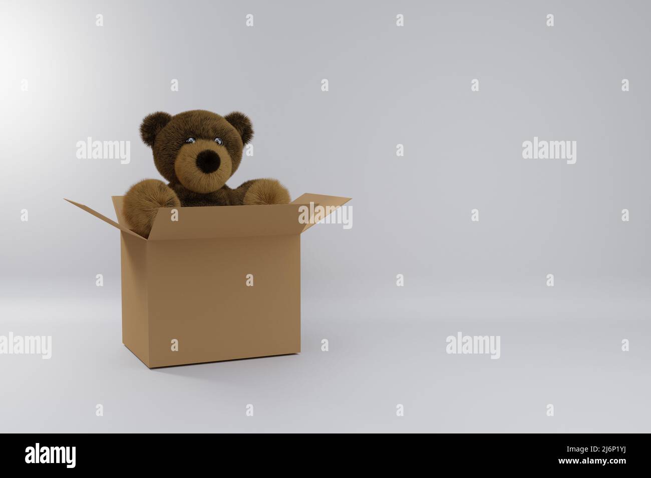 Teddy bear in the cardboard box on white background. 3D rendering image ...