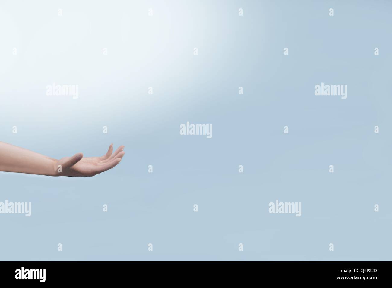Man hand open palm to give or receive on blue background. 3D rendering ...