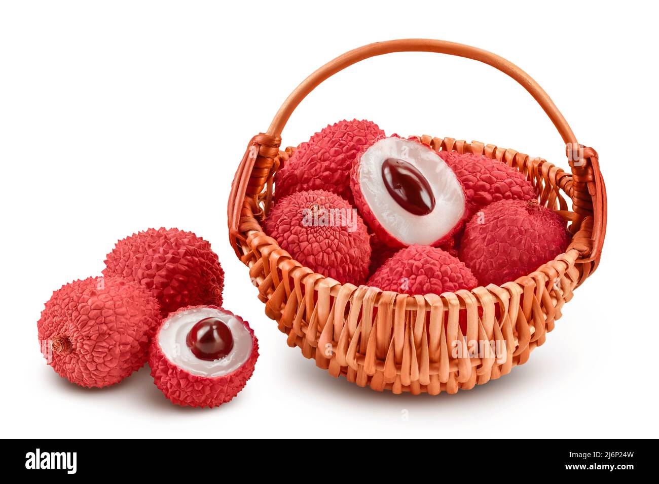 lychee fruit in wicker basket isolated on white background with ...