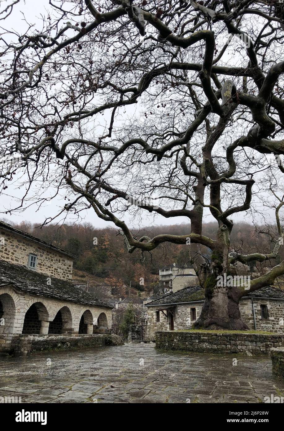 Winter scenery in a picturesque traditional village called Mikro Papigo ...