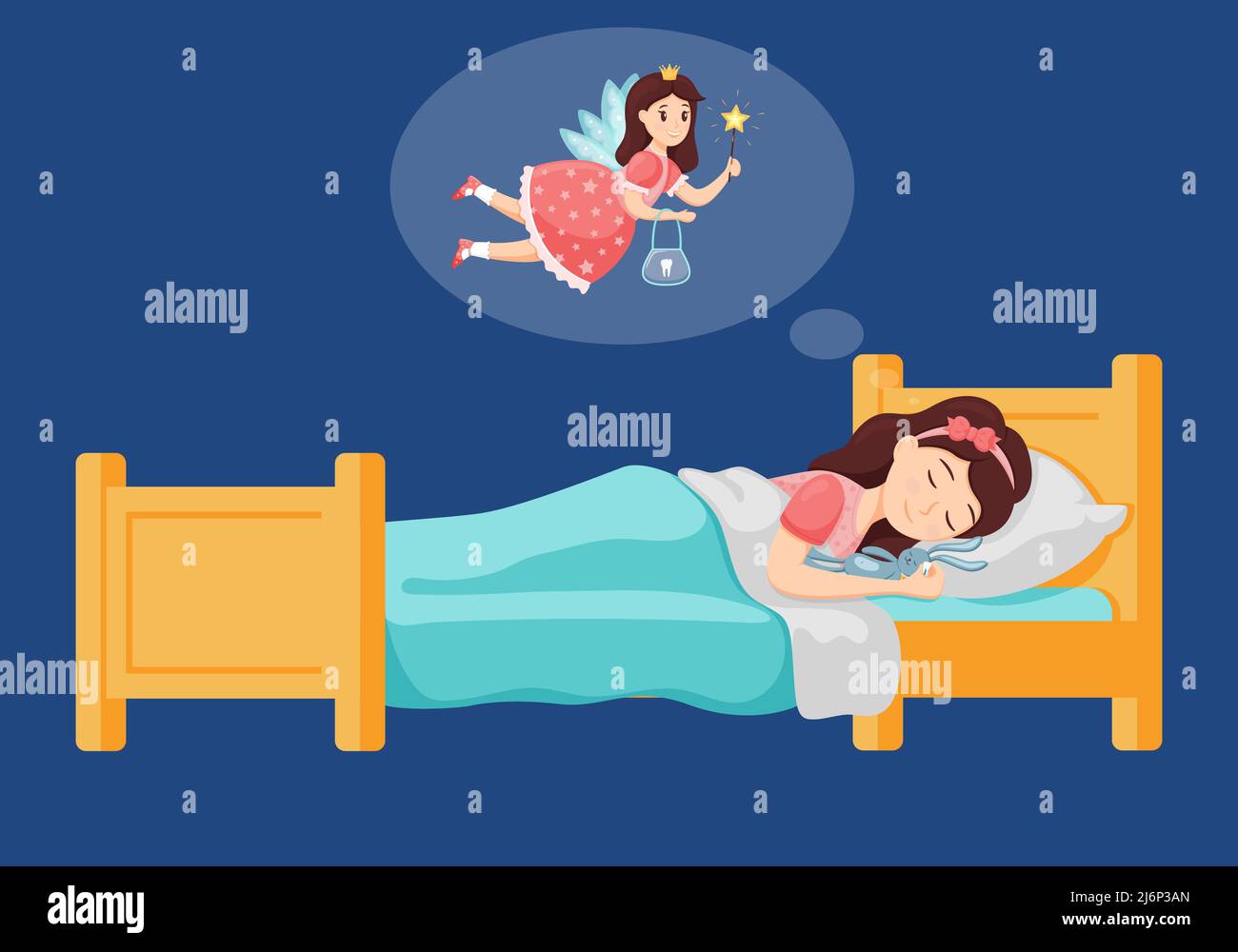 A cute little girl sleeps in bed and holds a fallen tooth in her hand ...