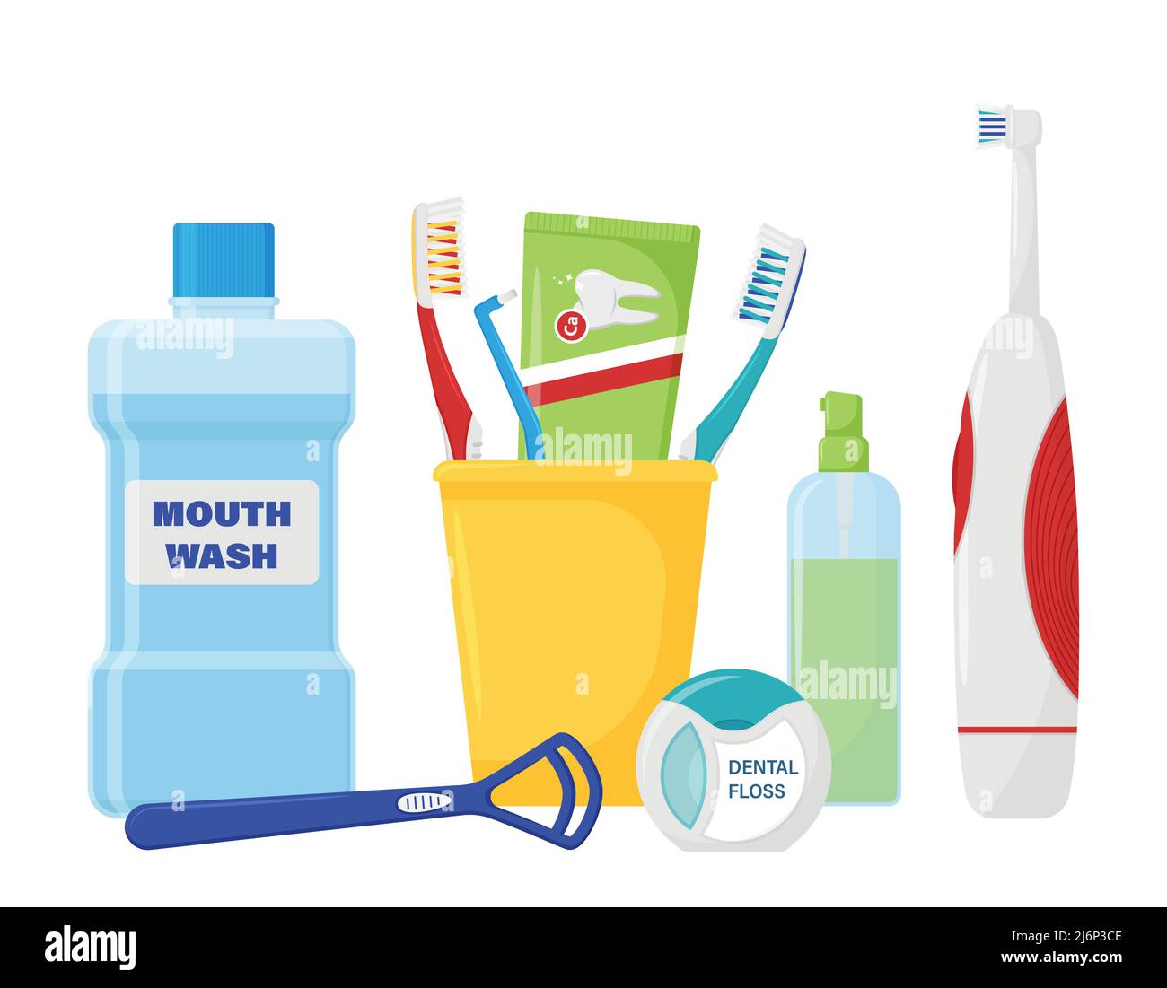 Composition of items for cleaning teeth and oral care. Toothbrushing ...