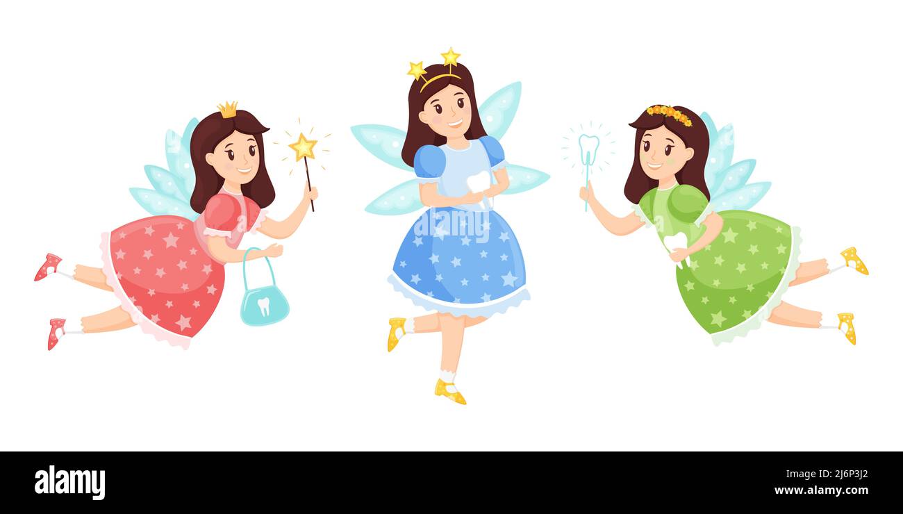 Collection of tooth fairies. Cute cartoon mythical characters with ...