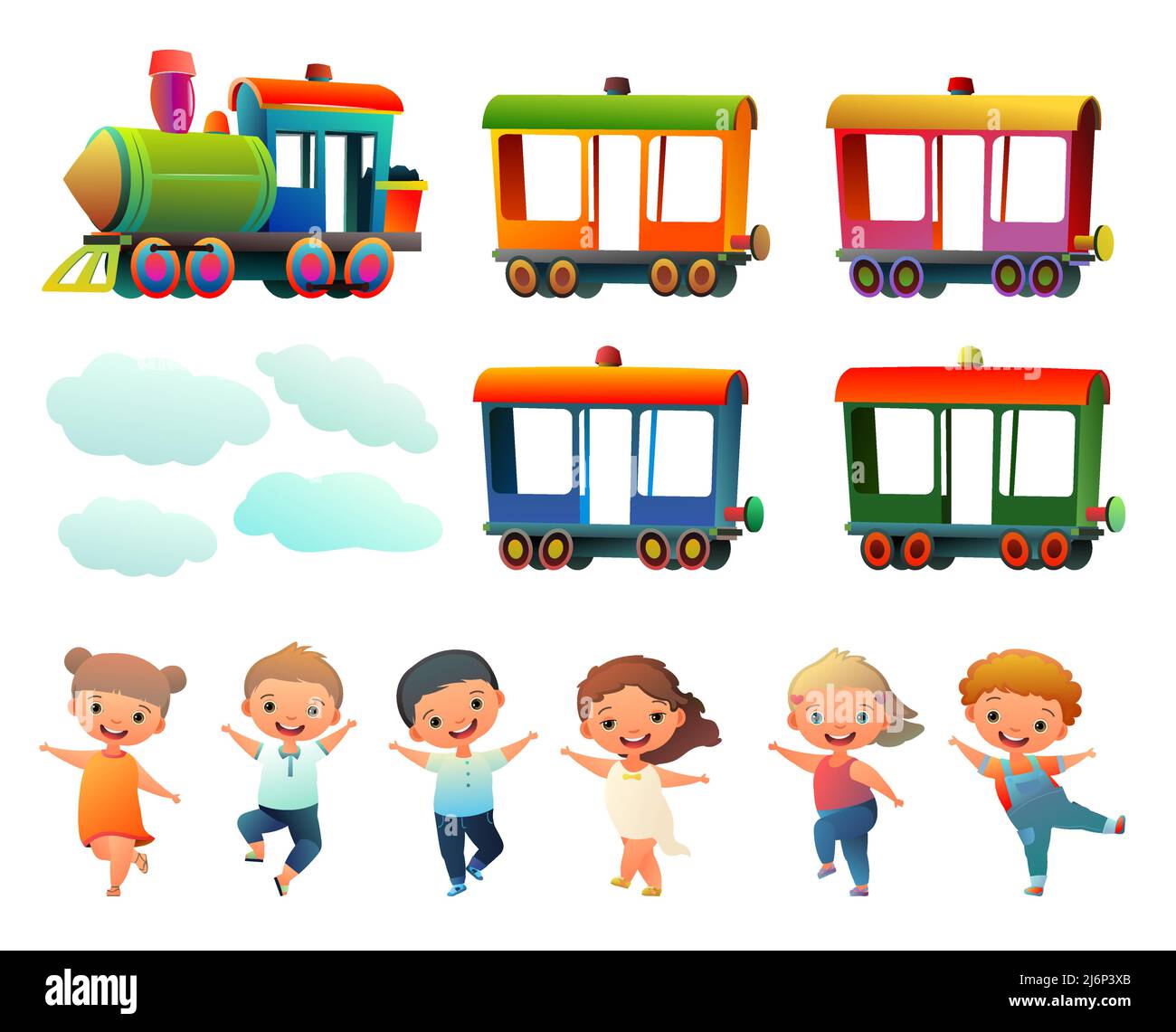 Set of locomotive rides on railroad. Funny kids. Cartoon style ...