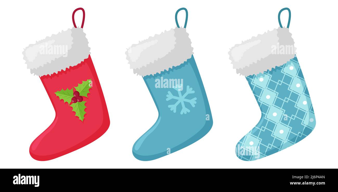 Set of Christmas socks for gifts. Red and blue socks with a pattern ...