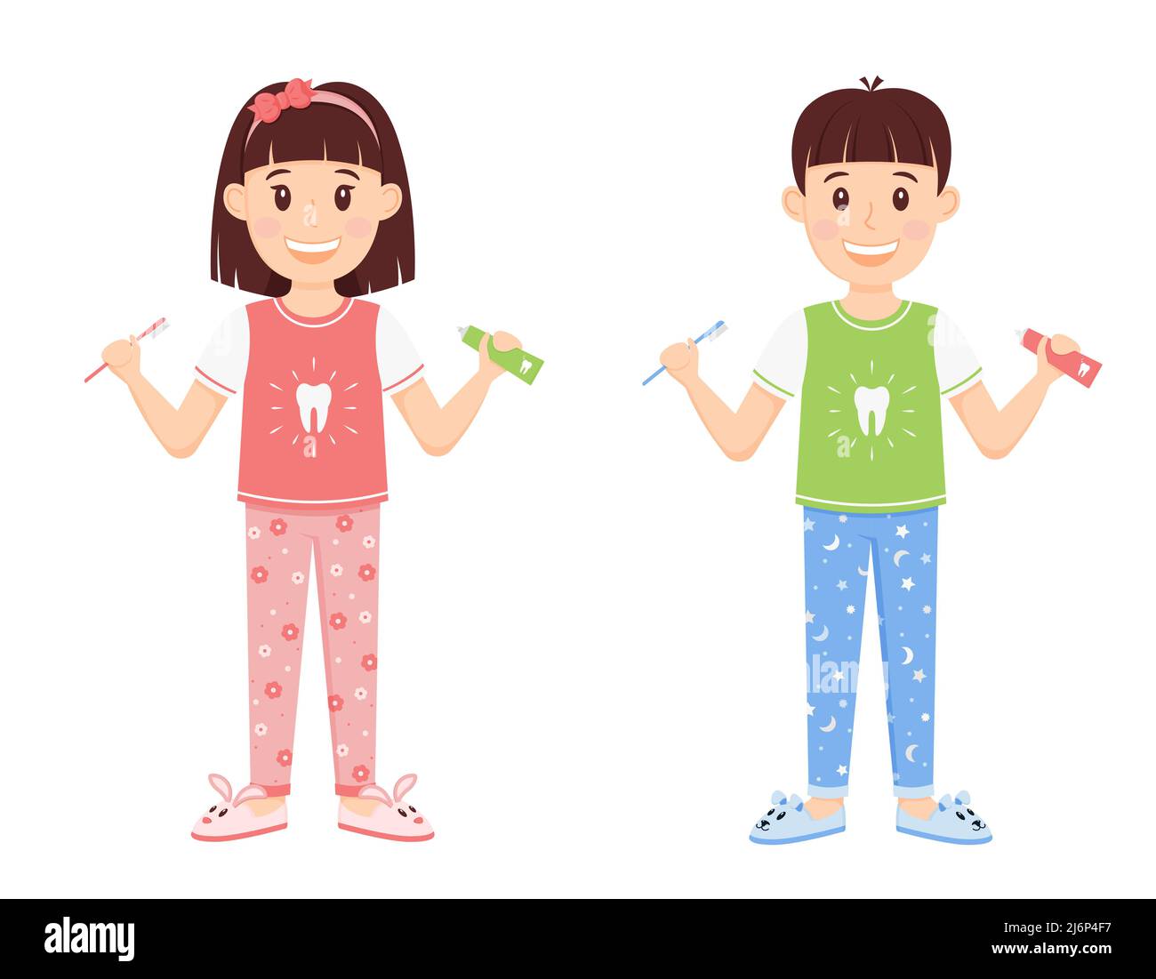 Children boy and girl in pajamas stand holding toothpaste and a brush ...
