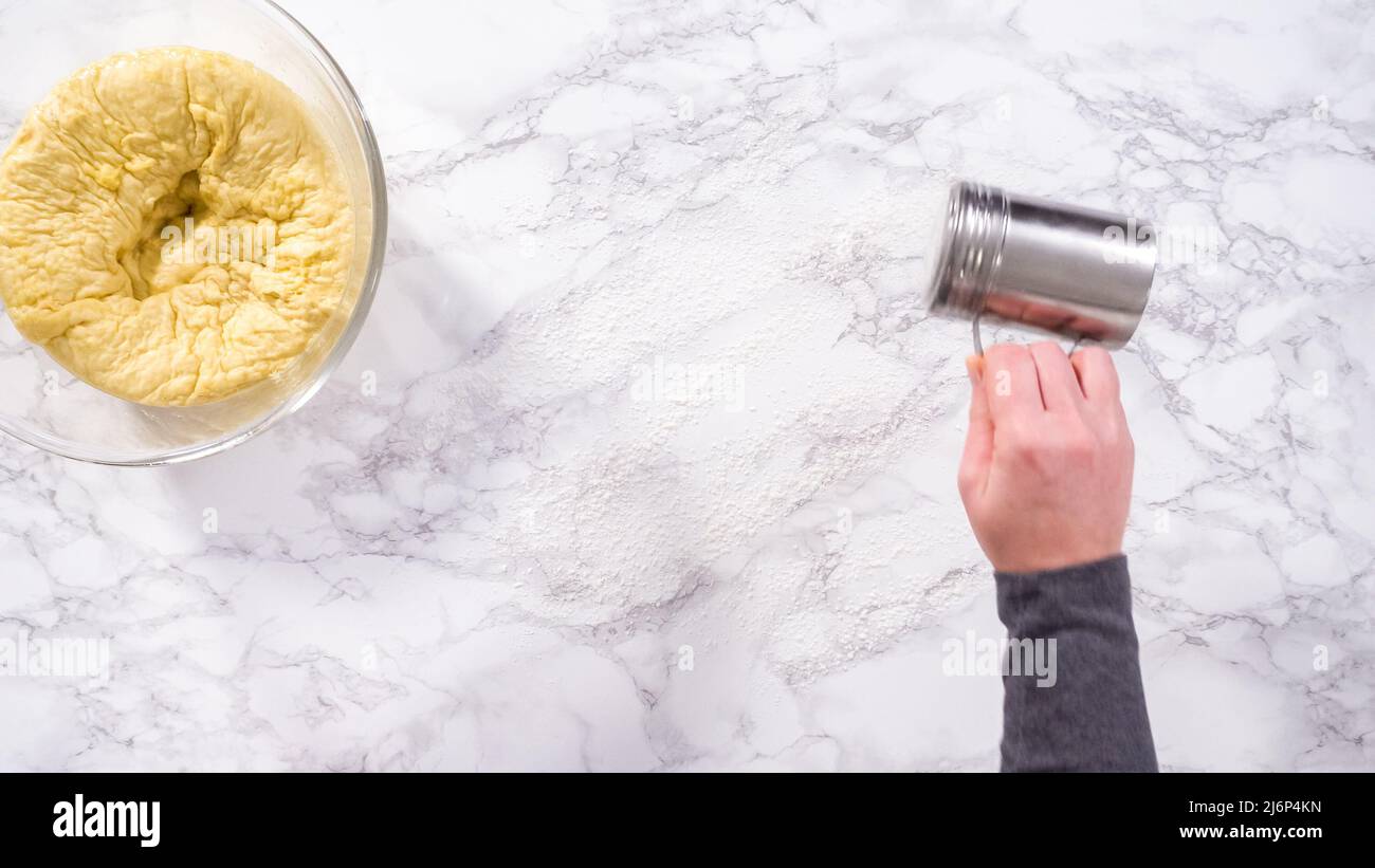 Flat lay. Step by step. Dividing bread dough to bake homemade brioche ...