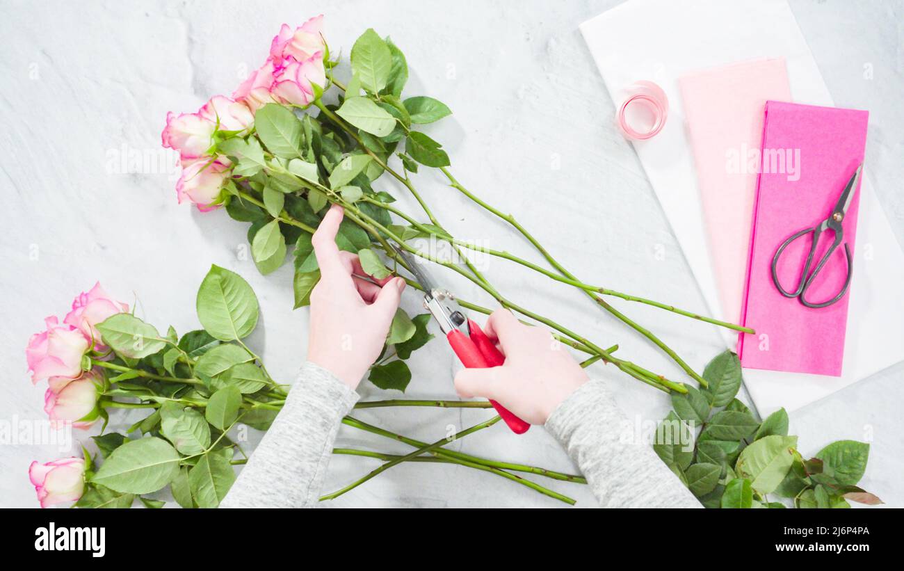 Flat lay. Step by step. Florist arranging a bouquet from pink roses ...