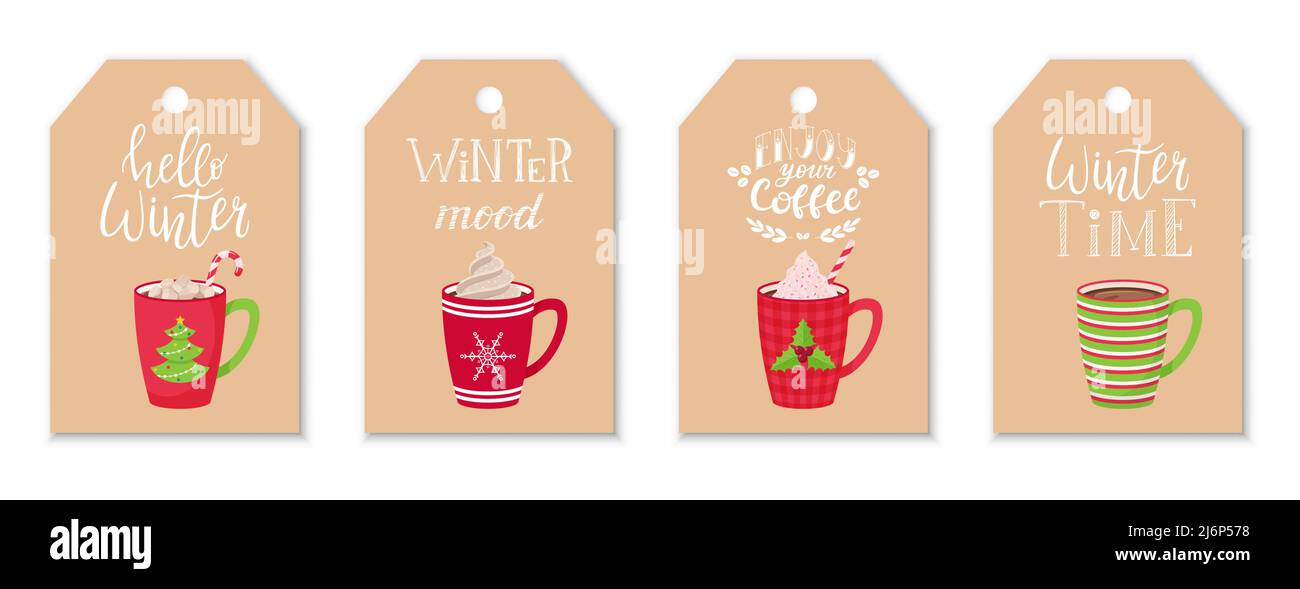 A set of tags with red coffee and cocoa mugs with whipped cream and ...