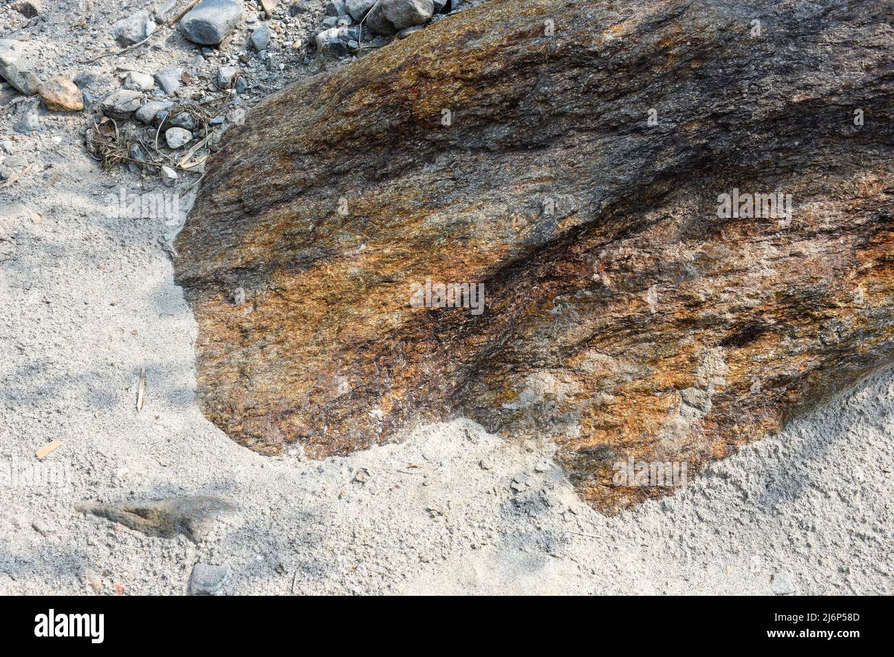 Beautiful natural brown and red boulder imbedded in sandy riverbed ...