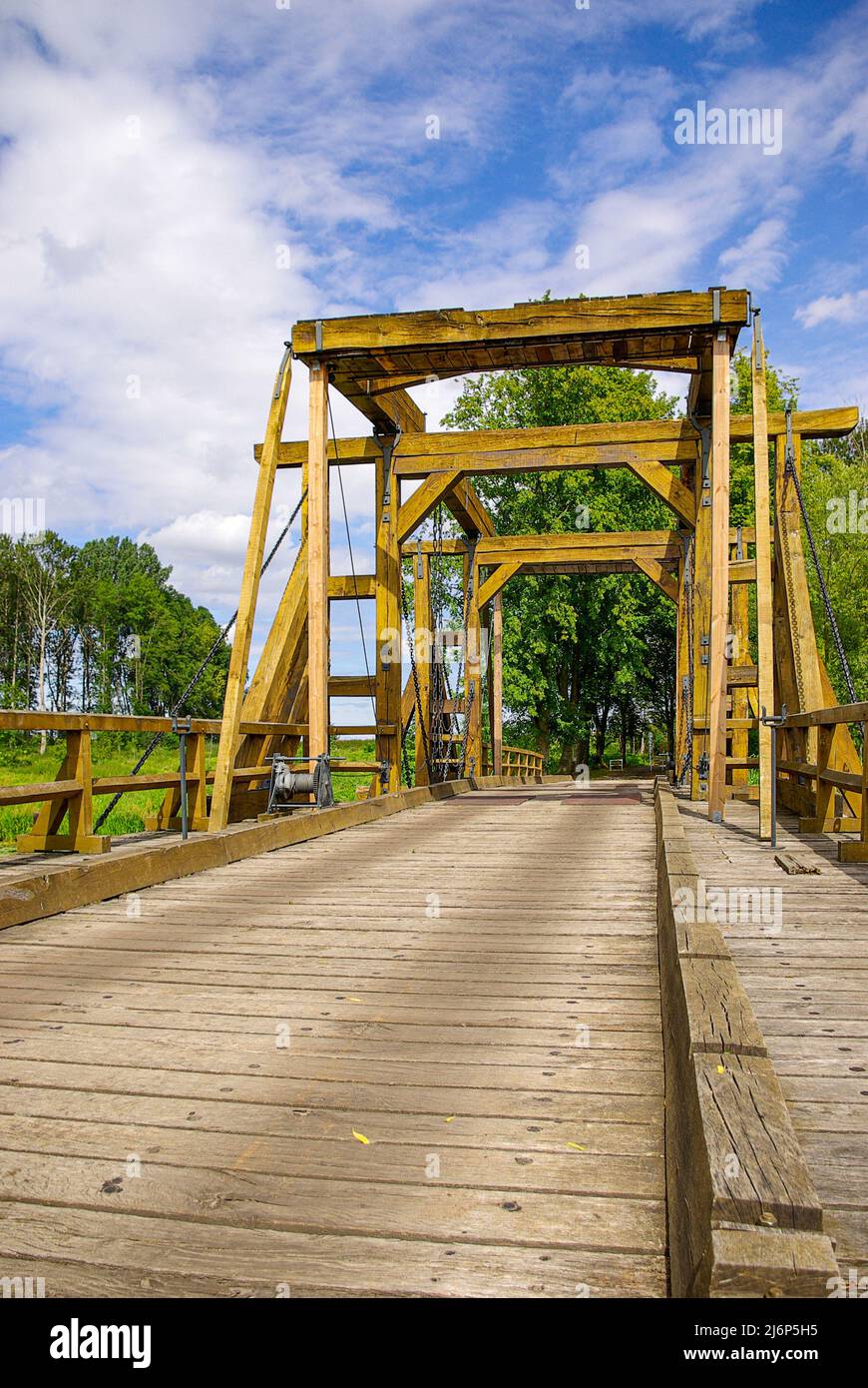 Listed wooden bascule bridge spanning the Trebel near Nehringen ...