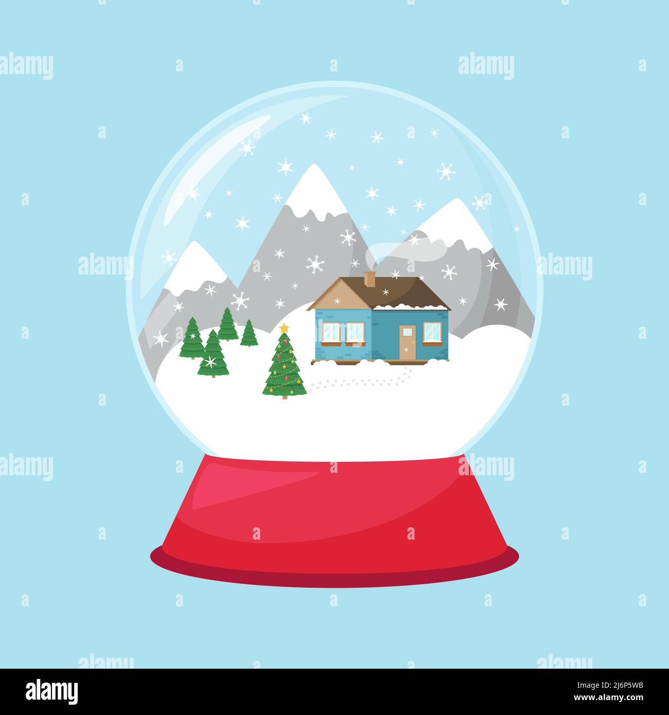 A snow globe with a house, snowdrifts and mountains inside. Cute toy, a ...