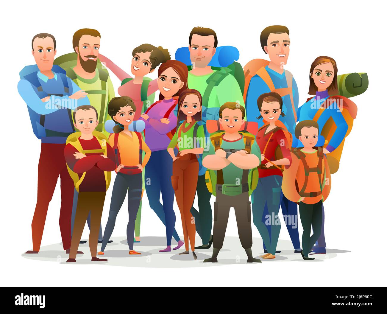 Man, women and child tourist backpacker. Backpack on his back. Cheerful ...