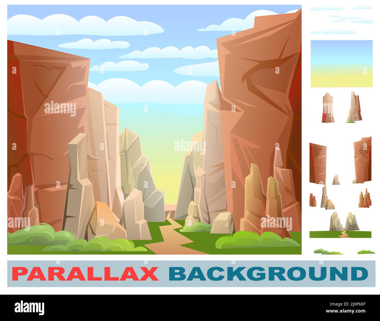 Rocky mountain gorge. Set for parallax effect. Grass and road. Stone ...