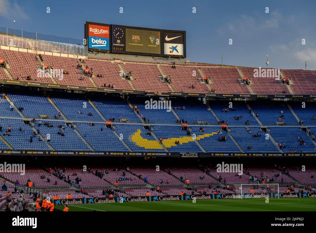 Panoramic view of the Camp Nou stadium at sunset, on a match day of the ...