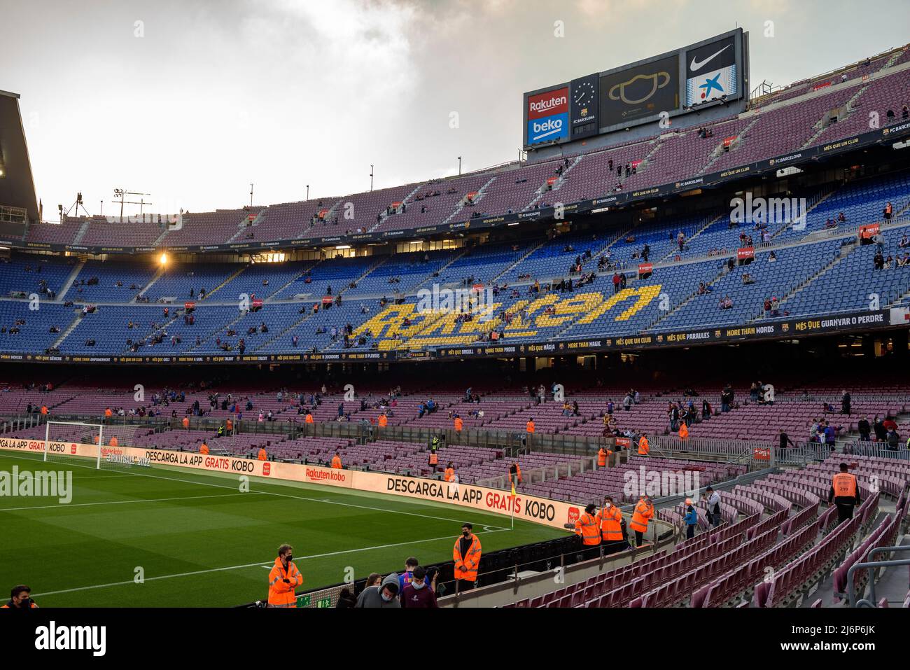 Panoramic view of the Camp Nou stadium at sunset, on a match day of the ...