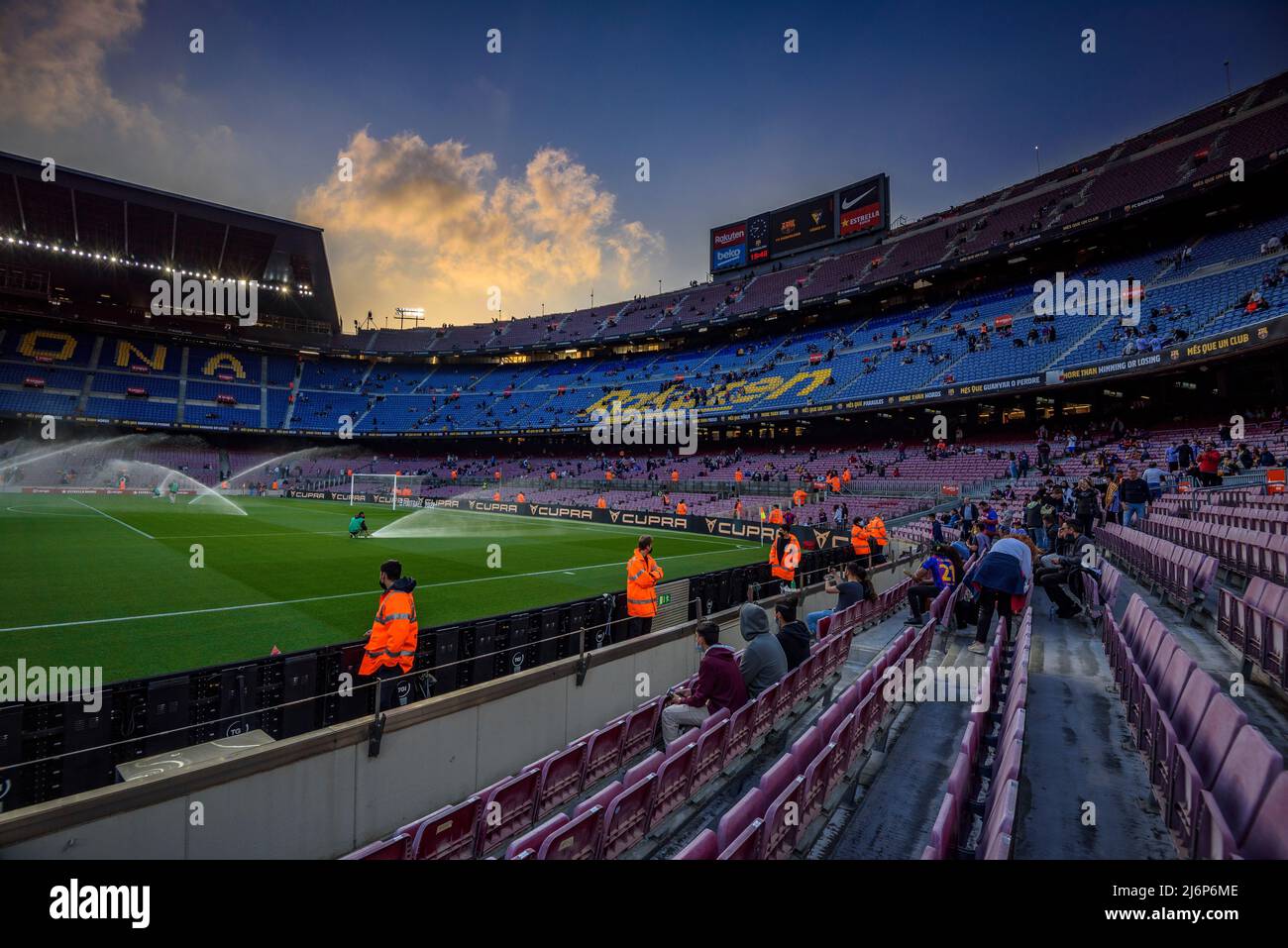 Panoramic view of the Camp Nou stadium at sunset, on a match day of the ...