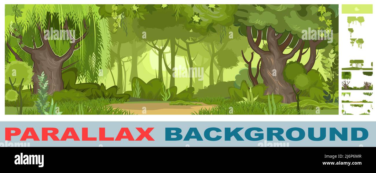 Summer forest landscape. Set for parallax effect. Dense foliage, shrubs ...