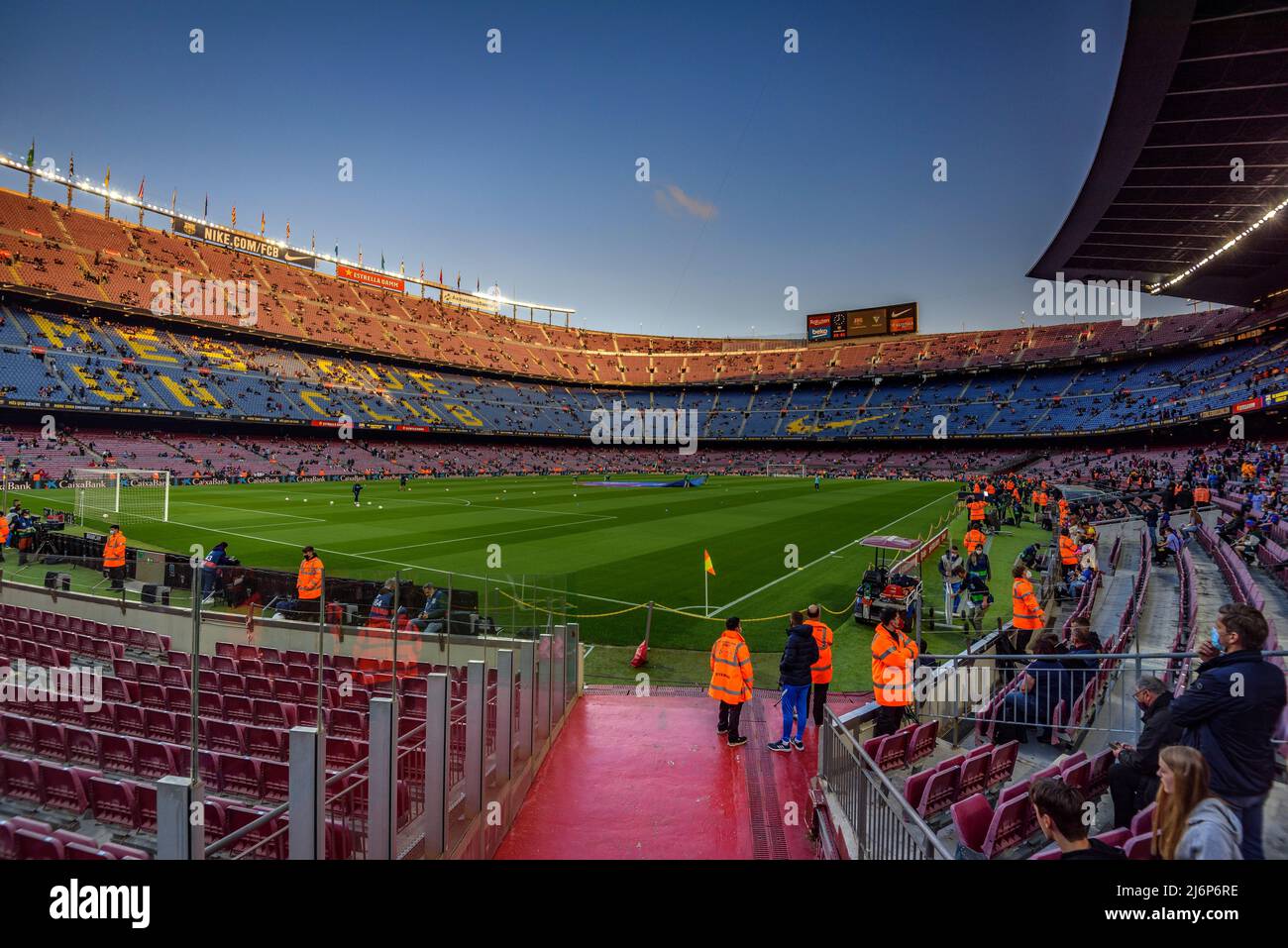 Panoramic view of the Camp Nou stadium at sunset, on a match day of the ...