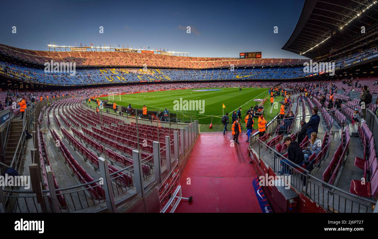 Panoramic view of the Camp Nou stadium at sunset, on a match day of the ...