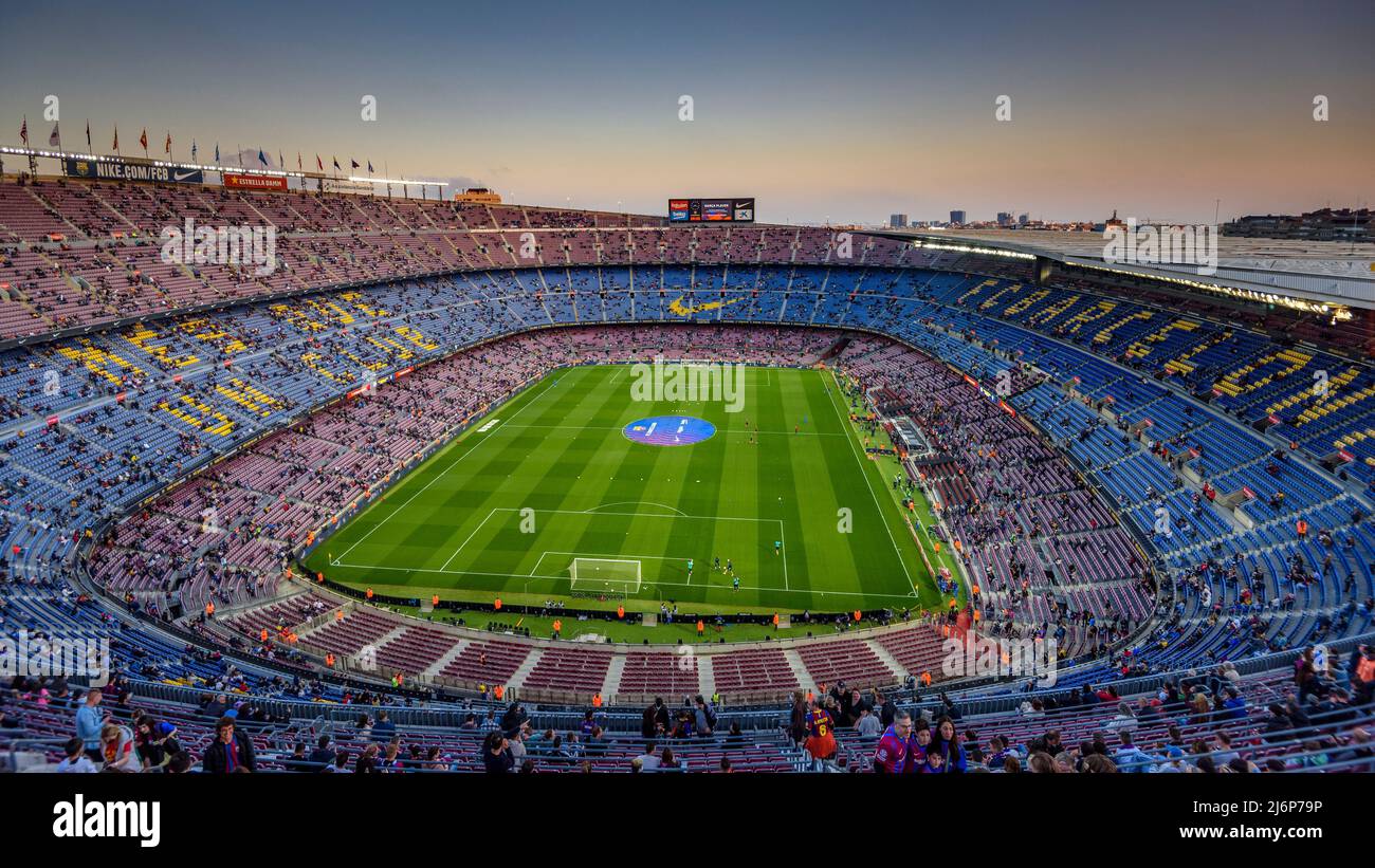 Panoramic view of the Camp Nou stadium at sunset, on a match day of the ...