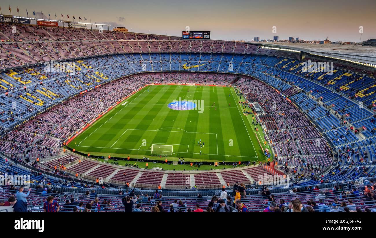 Panoramic view of the Camp Nou stadium at sunset, on a match day of the ...