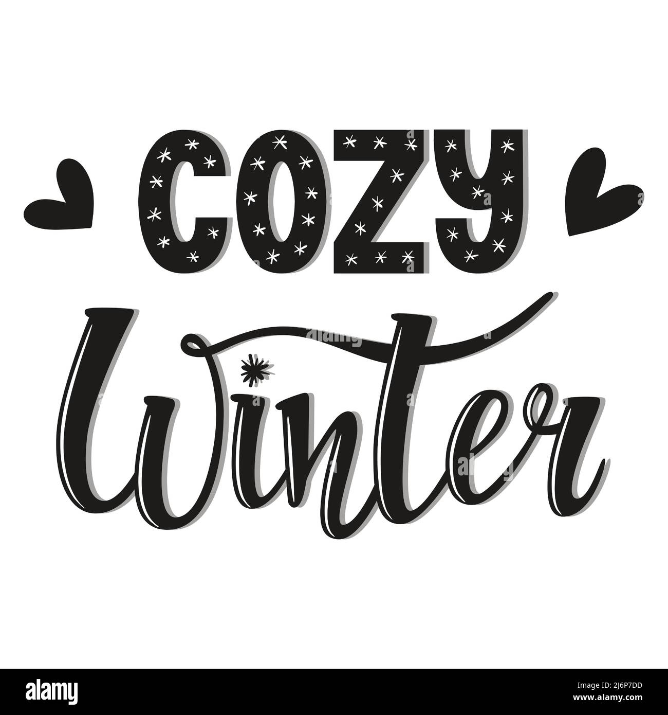 Hand lettering, words-Cozy winter. The letters and decor are hand-drawn ...