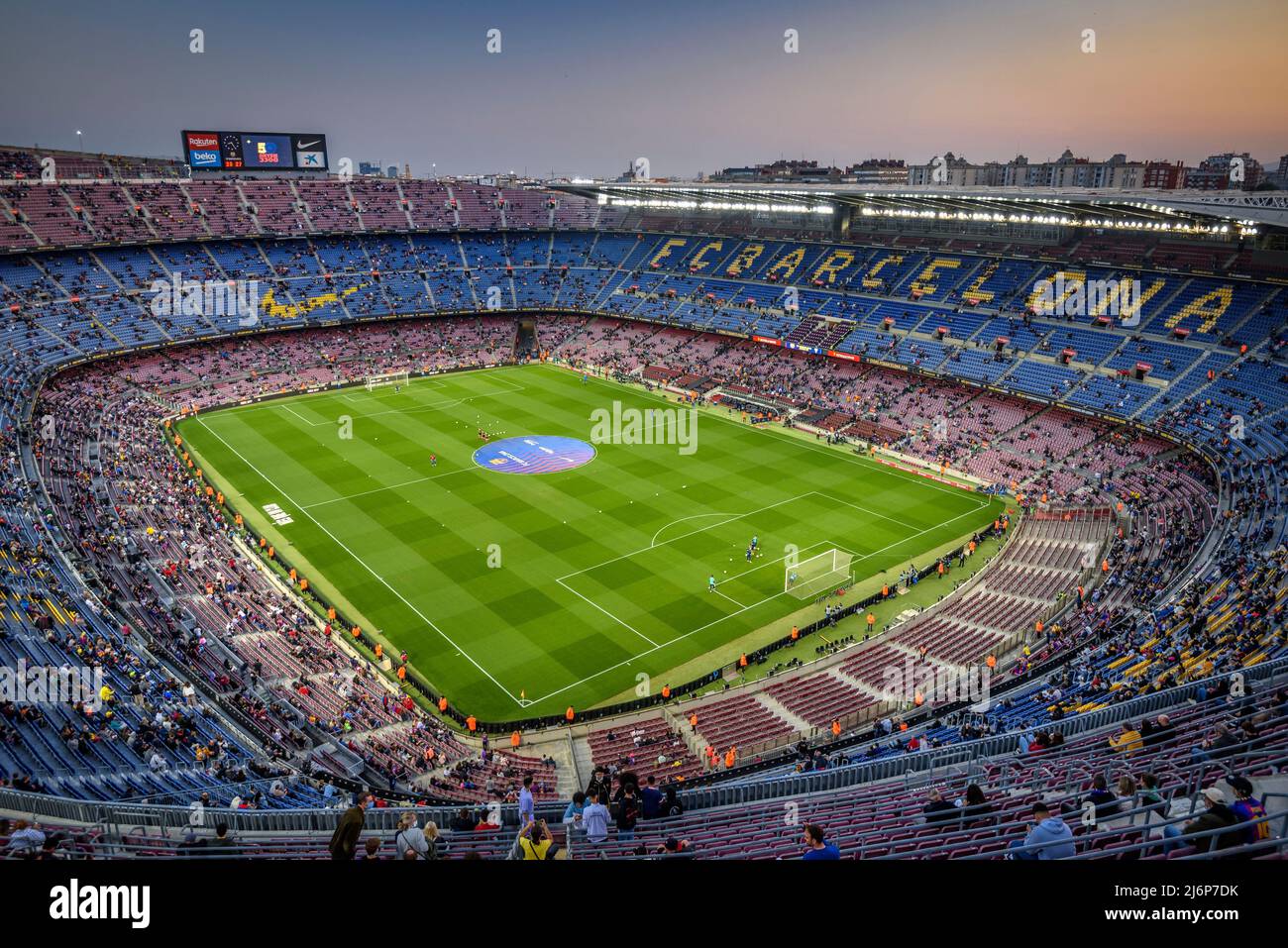 Panoramic view of the Camp Nou stadium at sunset, on a match day of the ...