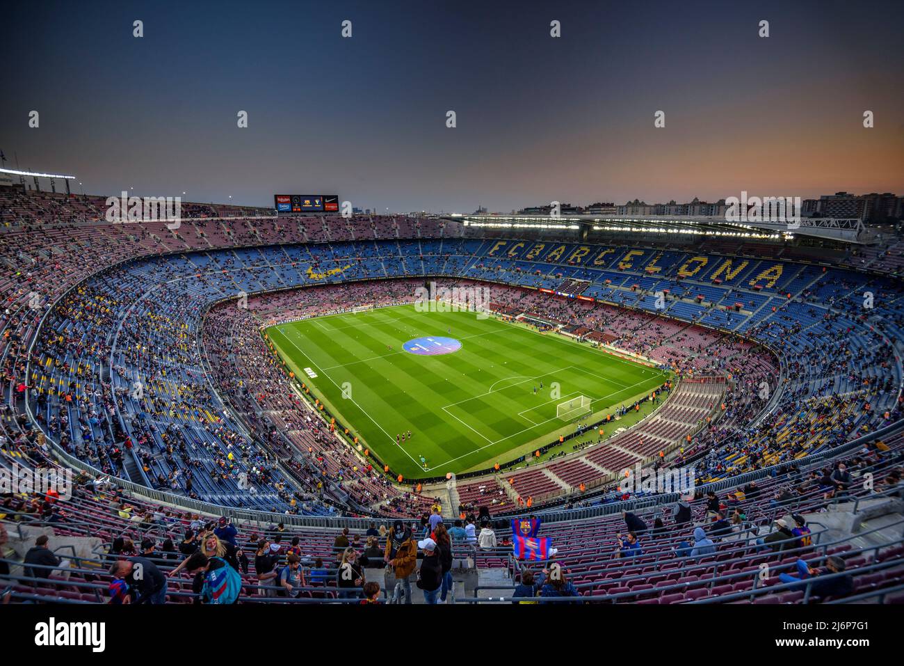 Panoramic view of the Camp Nou stadium at sunset, on a match day of the ...