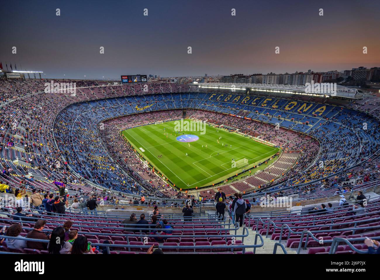 Panoramic view of the Camp Nou stadium at sunset, on a match day of the ...