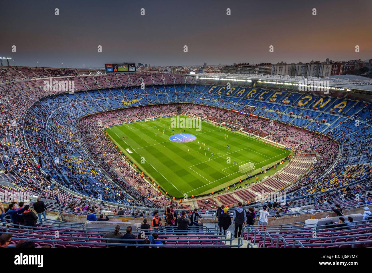 Panoramic view of the Camp Nou stadium at sunset, on a match day of the ...